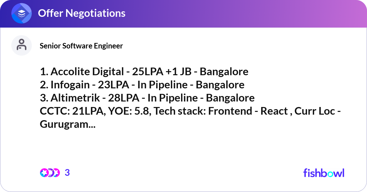1. Accolite Digital - 25LPA +1 JB - Bangalore 2. ... | Fishbowl
