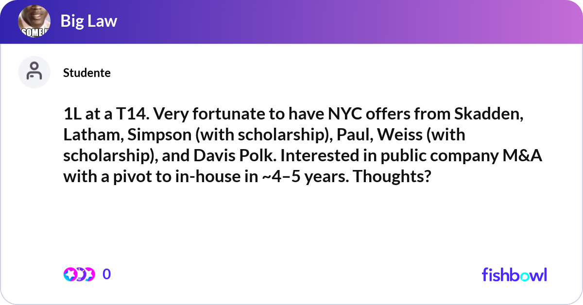 1L at a T14. Very fortunate to have NYC offers fro... | Fishbowl