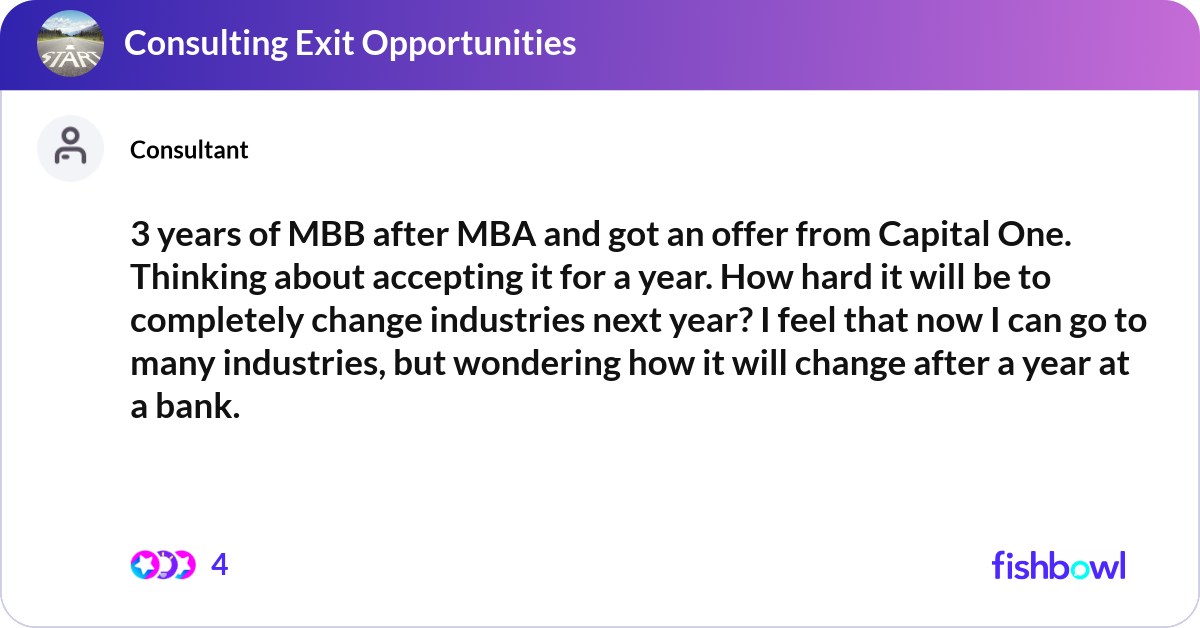 3 years of MBB after MBA and got an offer from Cap... | Fishbowl