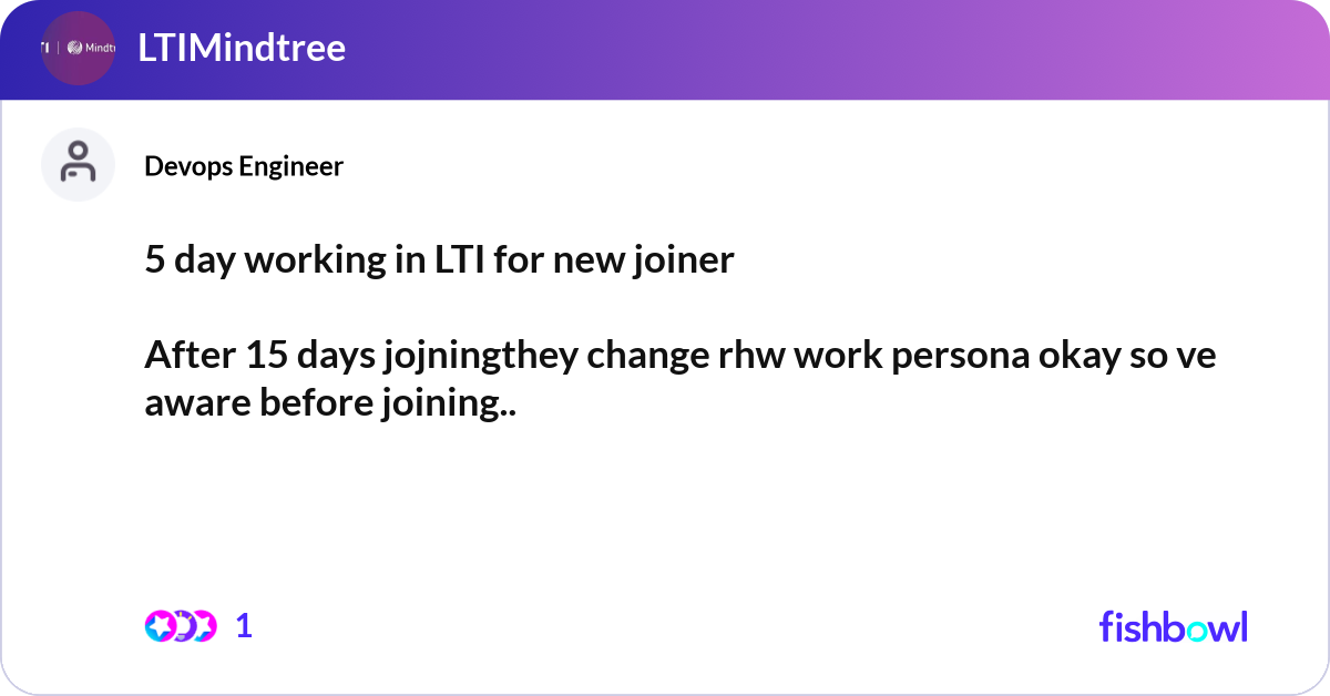 5 day working in LTI for new joiner After 15 days... | Fishbowl