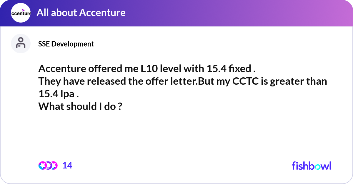 Accenture offered me L10 level with 15.4 fixed . T... | Fishbowl