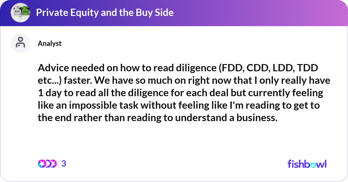 Advice needed on how to read diligence (FDD, CDD, ... | Fishbowl