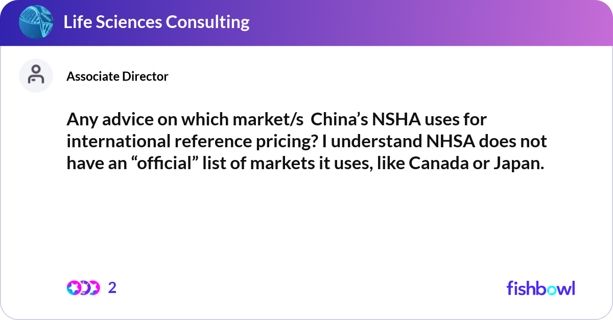 Any advice on which market/s China’s NSHA uses fo... | Fishbowl