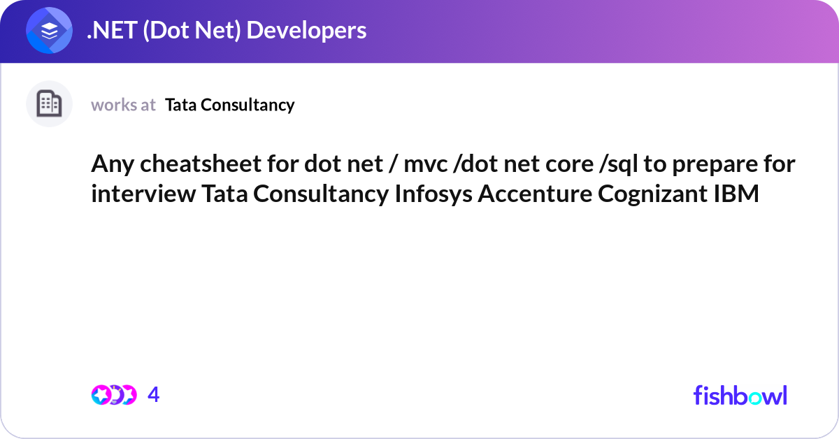 Any cheatsheet for dot net / mvc /dot net core /sq... | Fishbowl