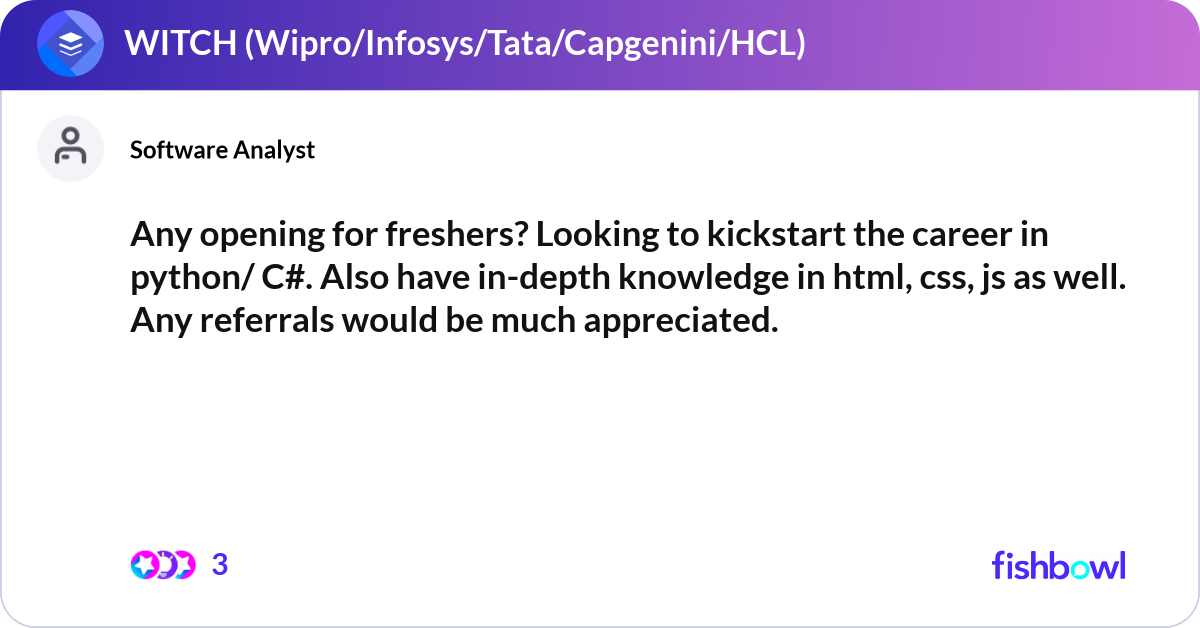 Any opening for freshers? Looking to kickstart the... | Fishbowl