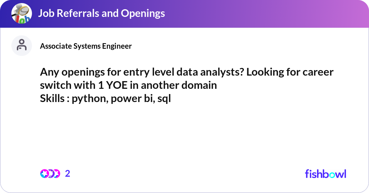 Any openings for entry level data analysts? Lookin... | Fishbowl