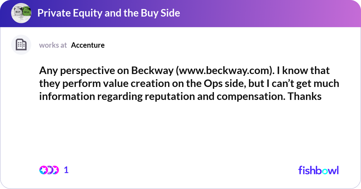 Any perspective on Beckway (www.beckway.com). I kn... | Fishbowl