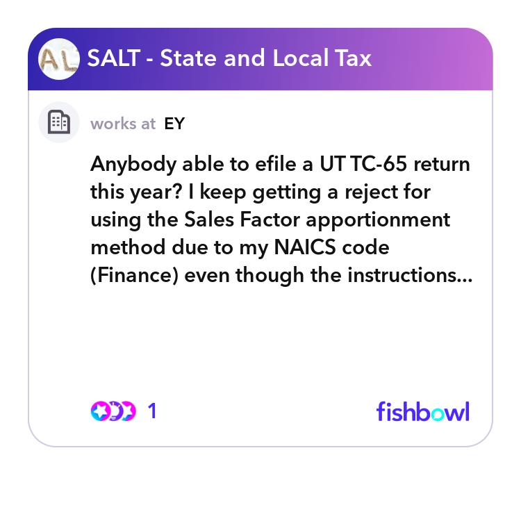 Anybody able to efile a UT TC-65 return this year?... | Fishbowl
