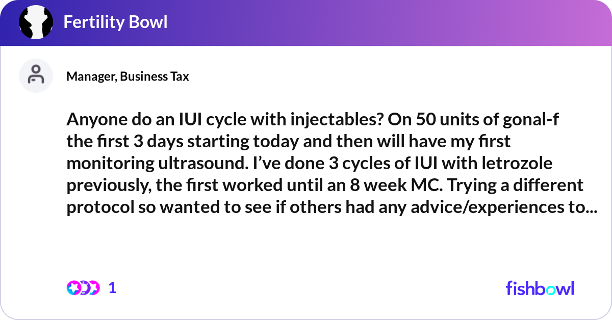 Anyone do an IUI cycle with injectables? On 50 uni... | Fishbowl