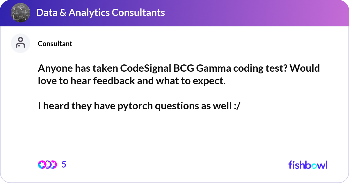 Anyone has taken CodeSignal BCG Gamma coding test?... | Fishbowl