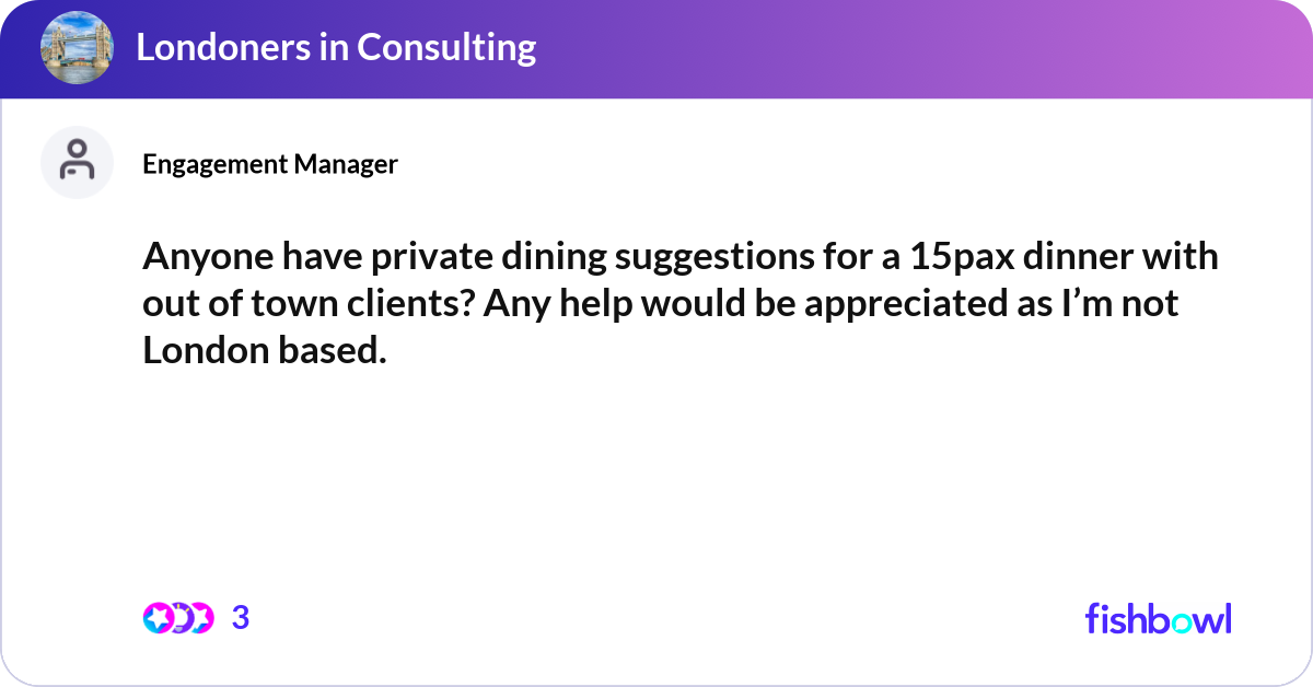 Anyone have private dining suggestions for a 15pax... | Fishbowl