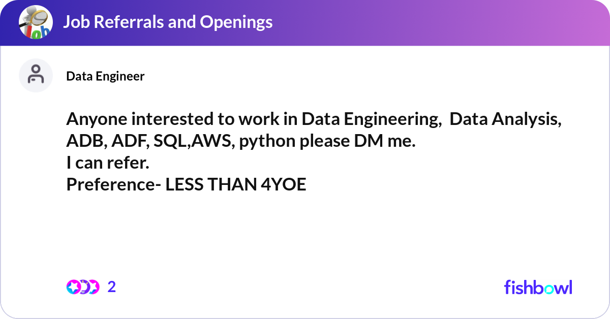 Anyone interested to work in Data Engineering, Da... | Fishbowl