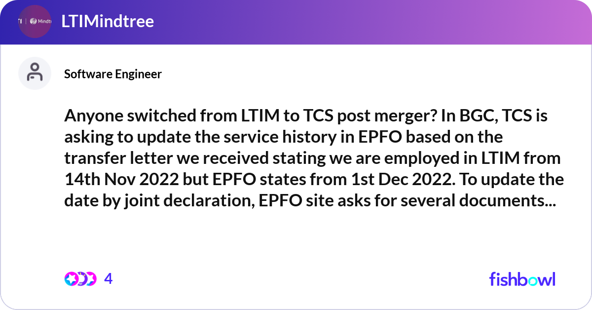 Anyone switched from LTIM to TCS post merger? In B... | Fishbowl