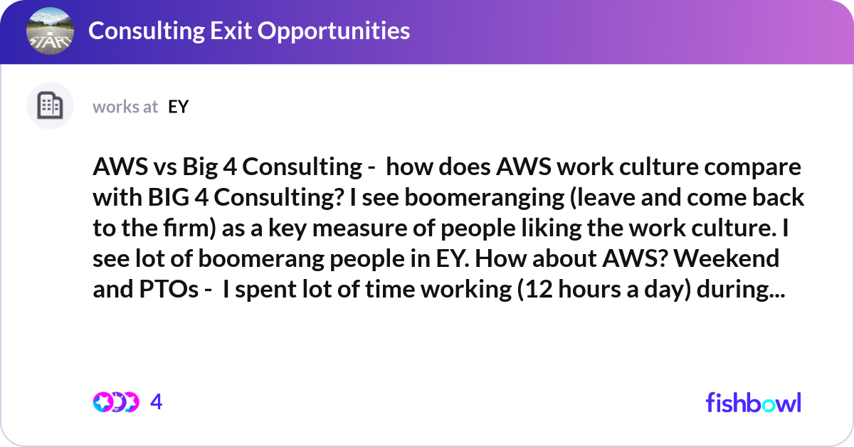 AWS vs Big 4 Consulting - how does AWS work cultu... | Fishbowl