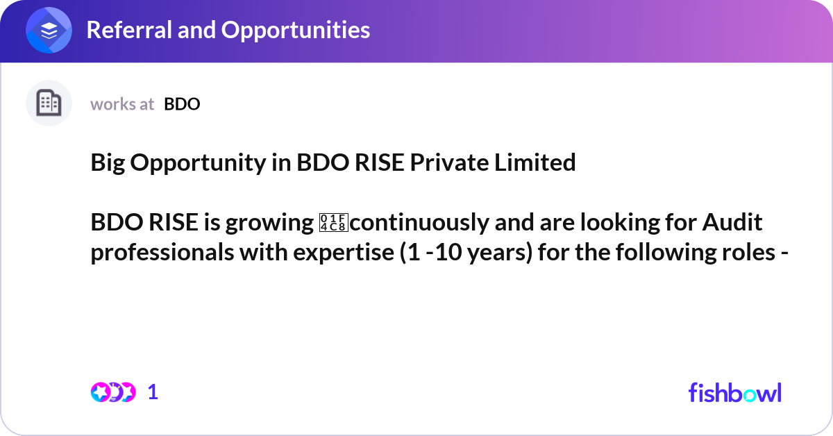 Big Opportunity in BDO RISE Private Limited BDO R... | Fishbowl