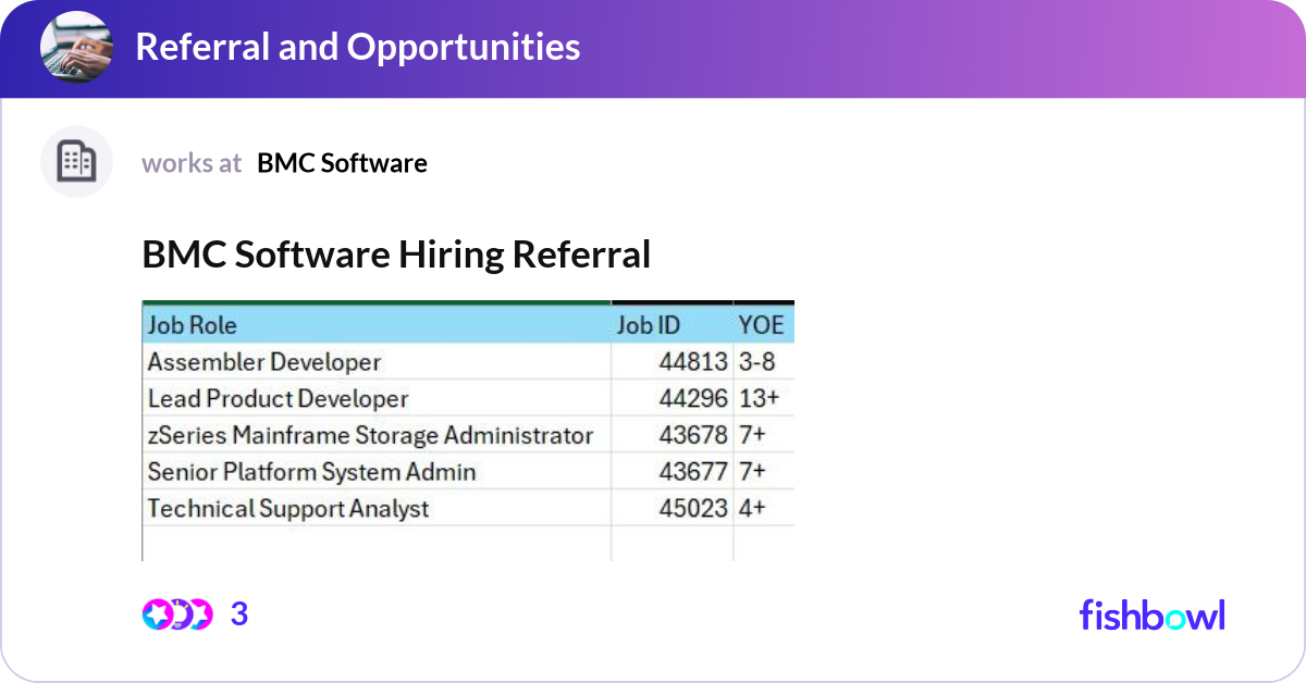 BMC Software Hiring Referral DM with Job-Id and... | Fishbowl
