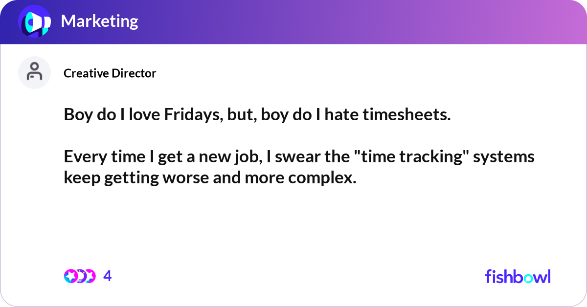 Boy do I love Fridays, but, boy do I hate timeshee... | Fishbowl