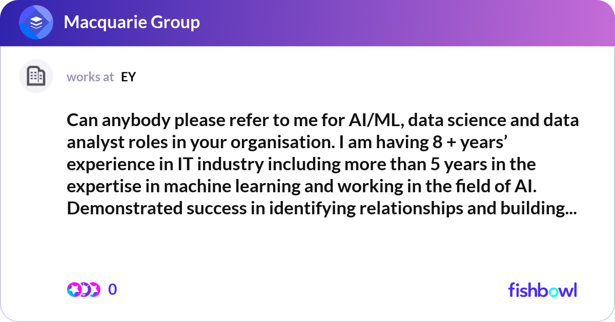 Can anybody please refer to me for AI/ML, data sci... | Fishbowl