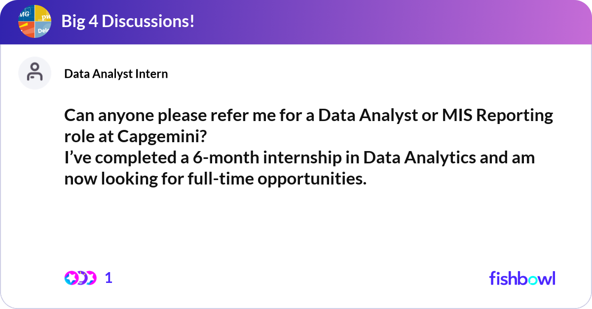 Can anyone please refer me for a Data Analyst or M... | Fishbowl