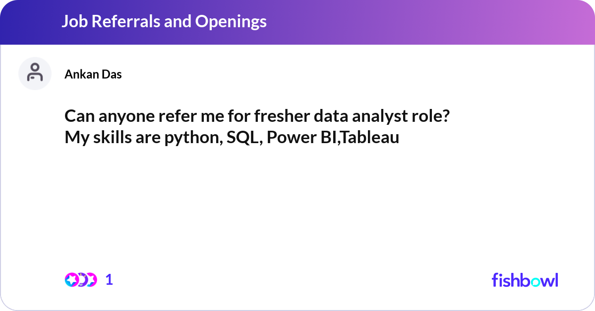 Can anyone refer me for fresher data analyst role?... | Fishbowl