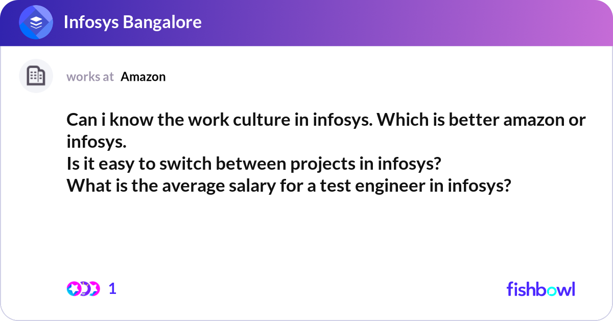 Can i know the work culture in infosys. Which is b... | Fishbowl