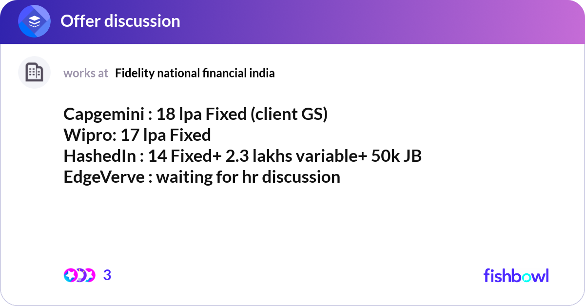 Capgemini : 18 lpa Fixed (client GS) Wipro: 17 lpa... | Fishbowl