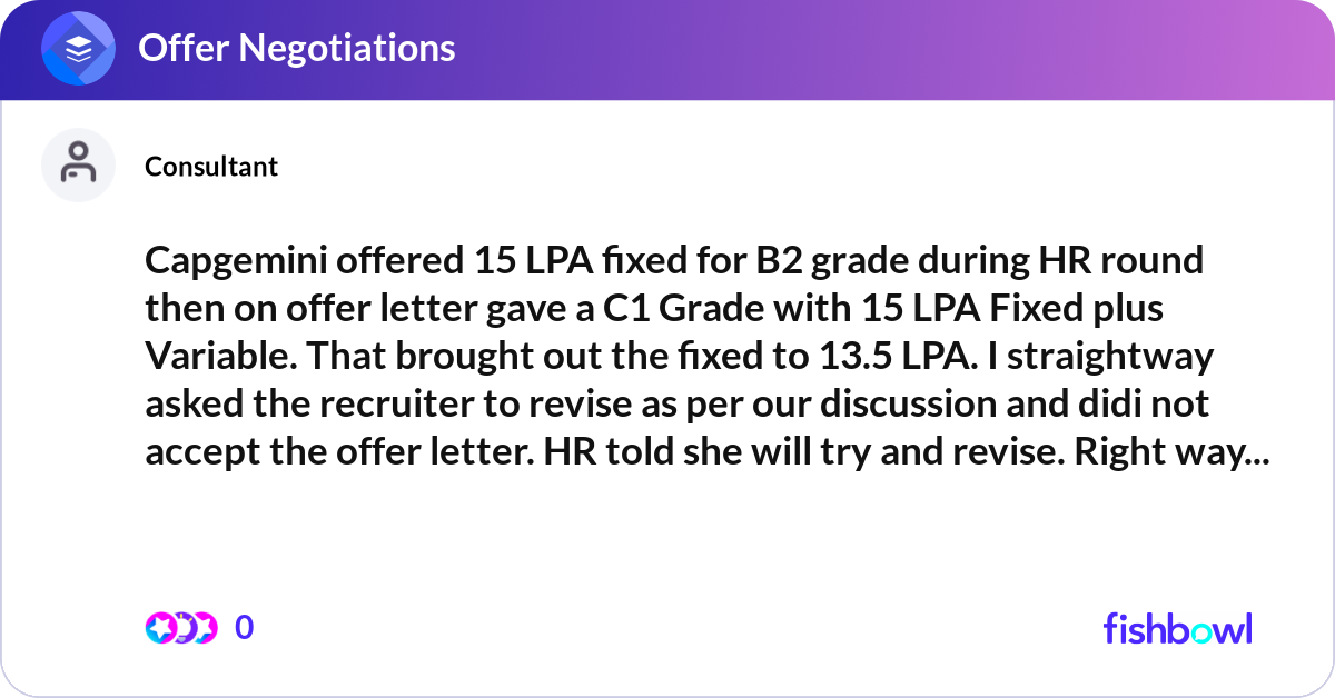 Capgemini offered 15 LPA fixed for B2 grade during... | Fishbowl