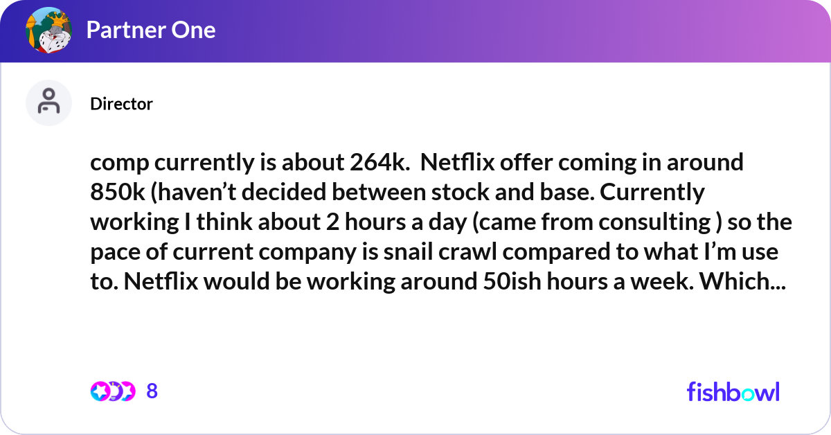 comp currently is about 264k. Netflix offer comin... | Fishbowl
