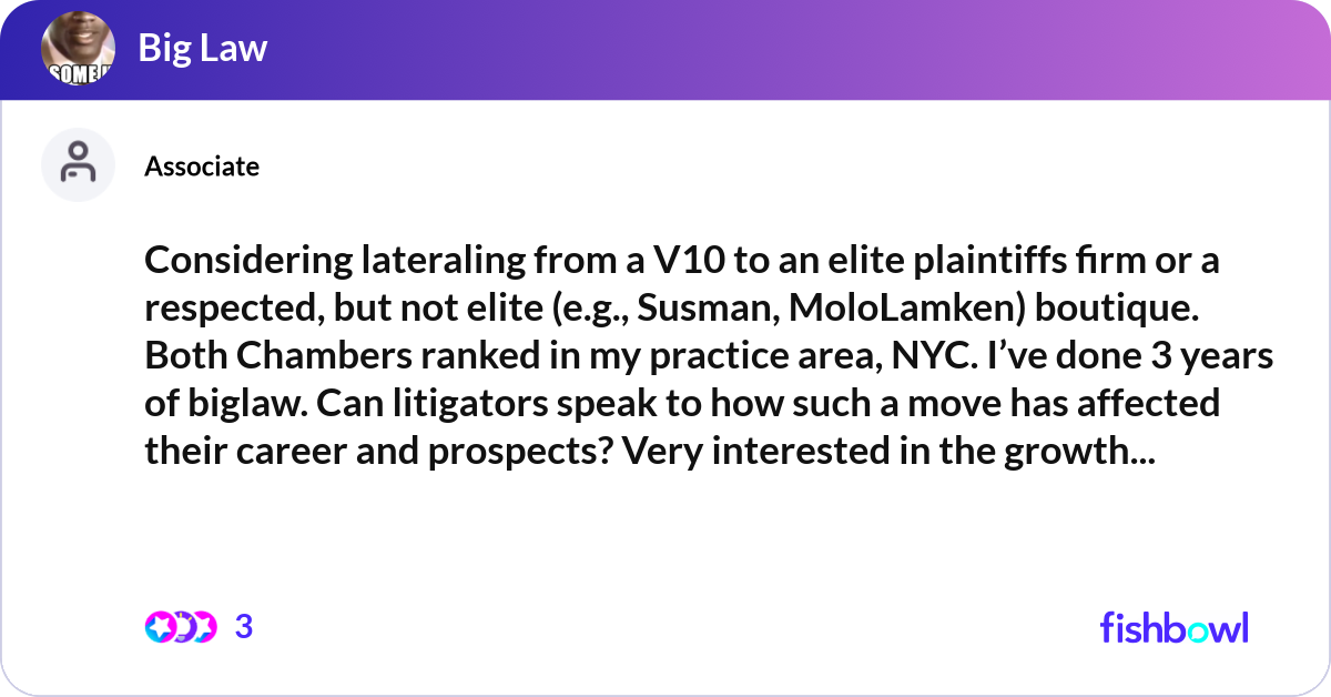 Considering lateraling from a V10 to an elite plai... | Fishbowl