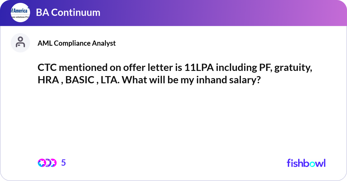 CTC mentioned on offer letter is 11LPA including P... | Fishbowl