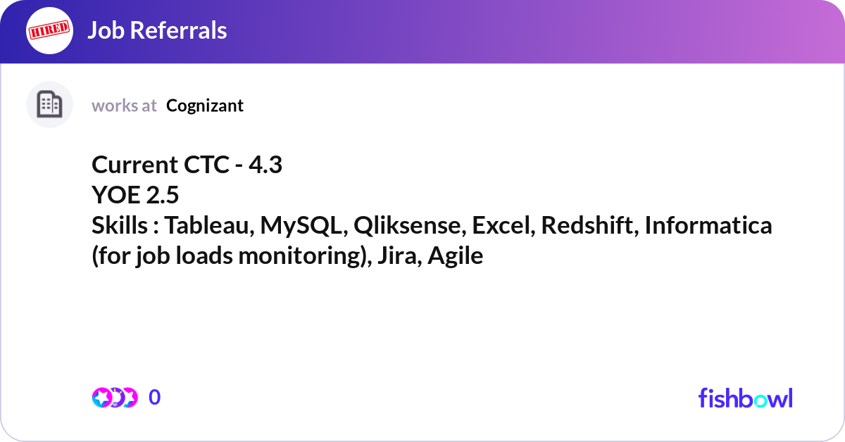 Current CTC - 4.3 YOE 2.5 Skills : Tableau, MySQL,... | Fishbowl