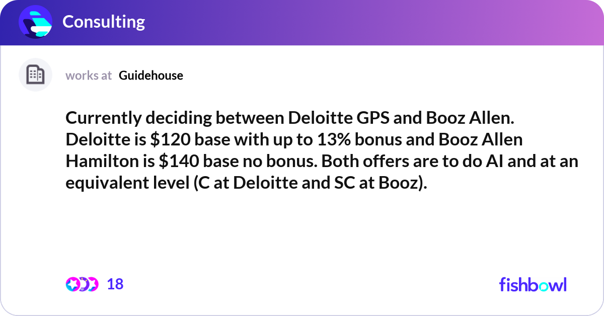 Currently deciding between Deloitte GPS and Booz A... | Fishbowl