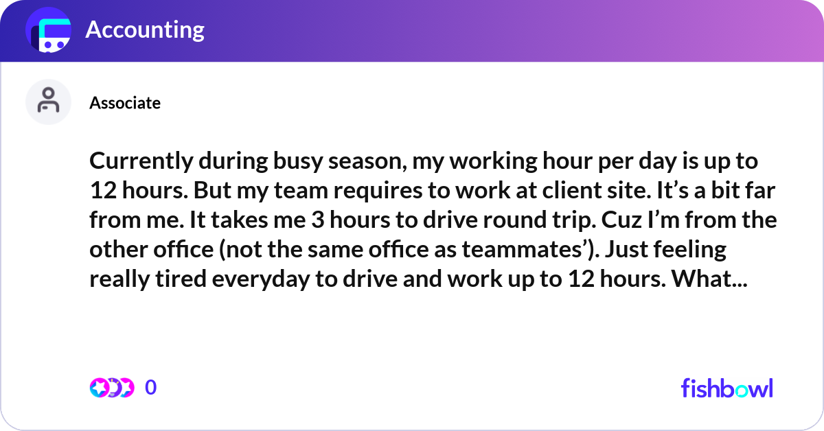 Currently during busy season, my working hour per ... | Fishbowl
