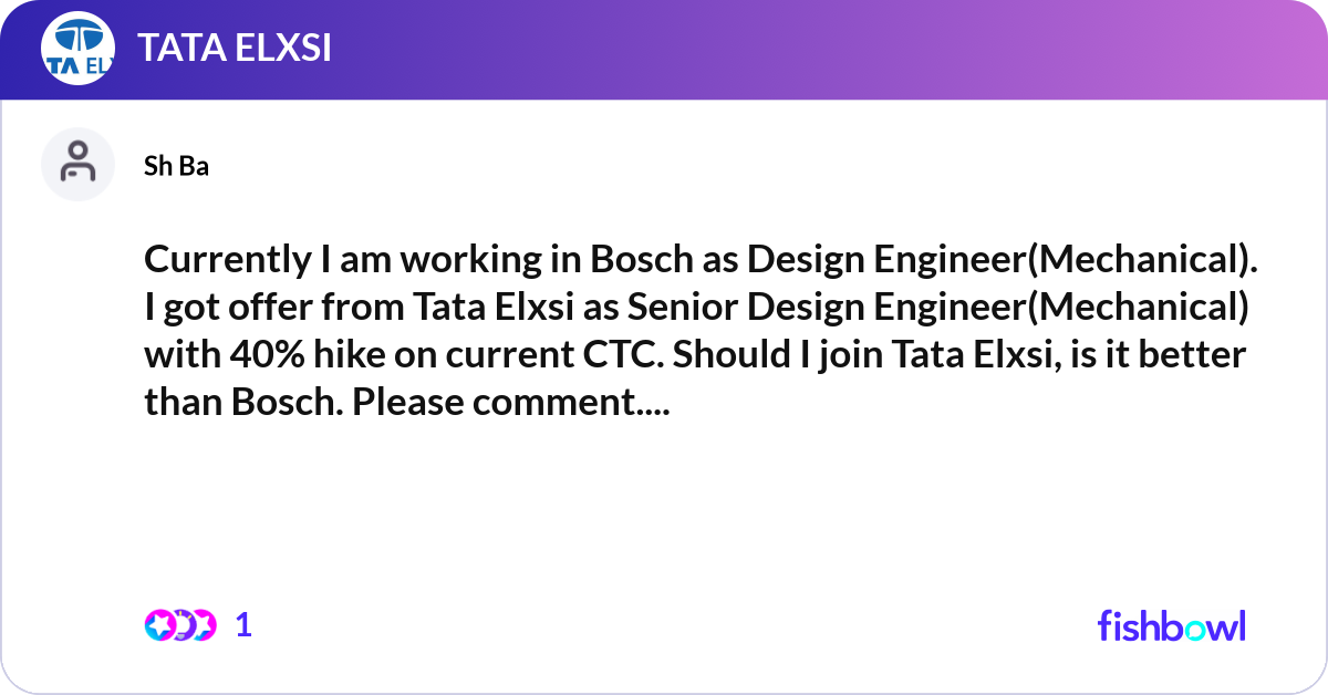 Currently I am working in Bosch as Design Engineer... | Fishbowl