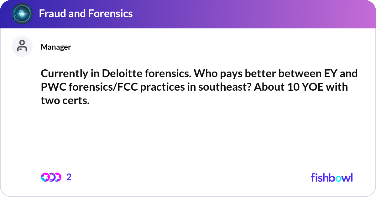 Currently in Deloitte forensics. Who pays better b... | Fishbowl