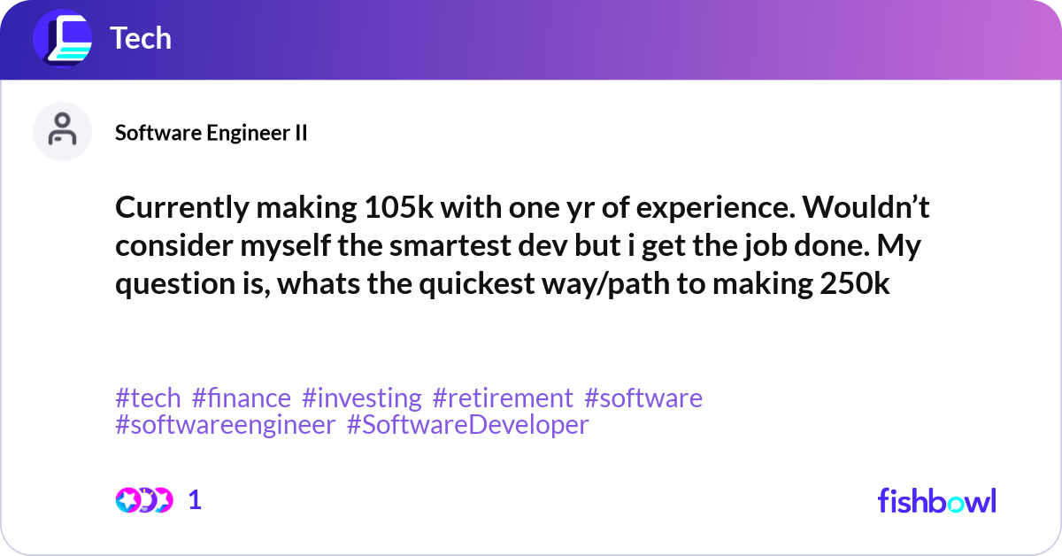 Currently making 105k with one yr of experience. W... | Fishbowl