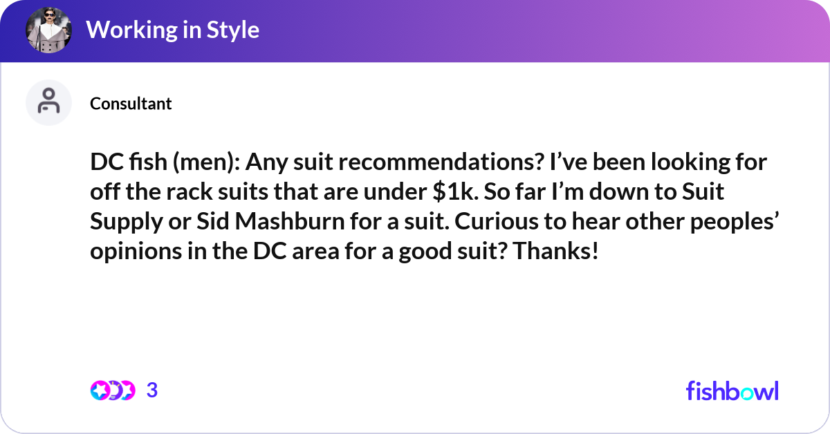 DC fish (men): Any suit recommendations? I’ve been... | Fishbowl
