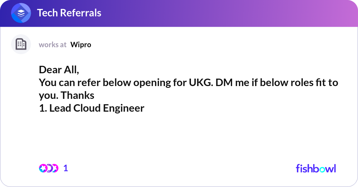 Dear All, You can refer below opening for UKG. DM ... | Fishbowl