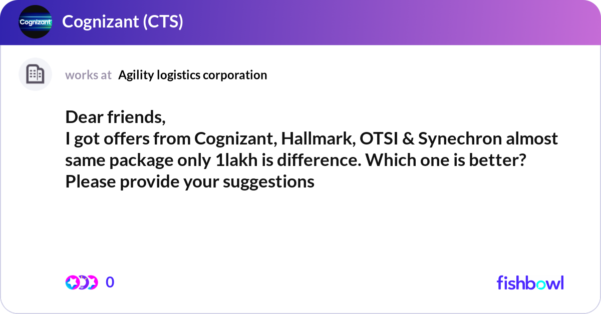 Dear friends, I got offers from Cognizant, Hallmar... | Fishbowl