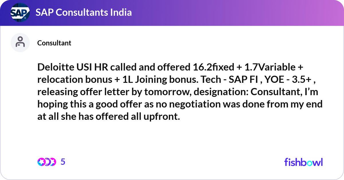 Deloitte USI HR called and offered 16.2fixed + 1.7... | Fishbowl