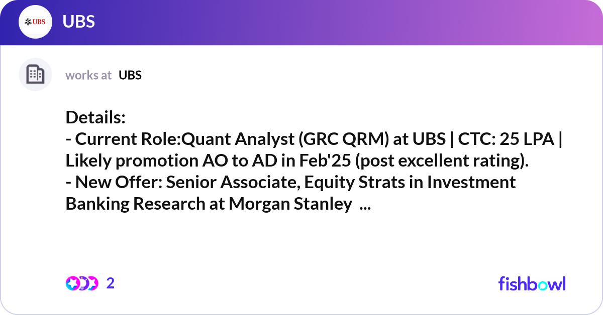 Details: - Current Role:Quant Analyst (GRC QRM) a... | Fishbowl
