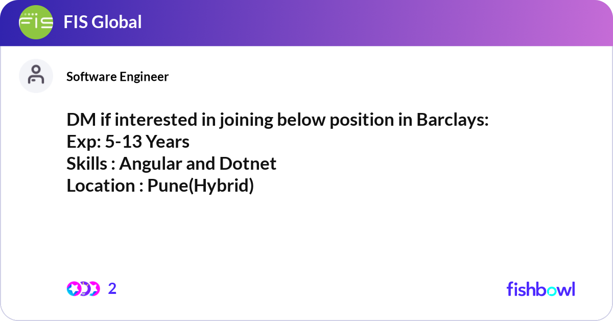 DM if interested in joining below position in Barc... | Fishbowl