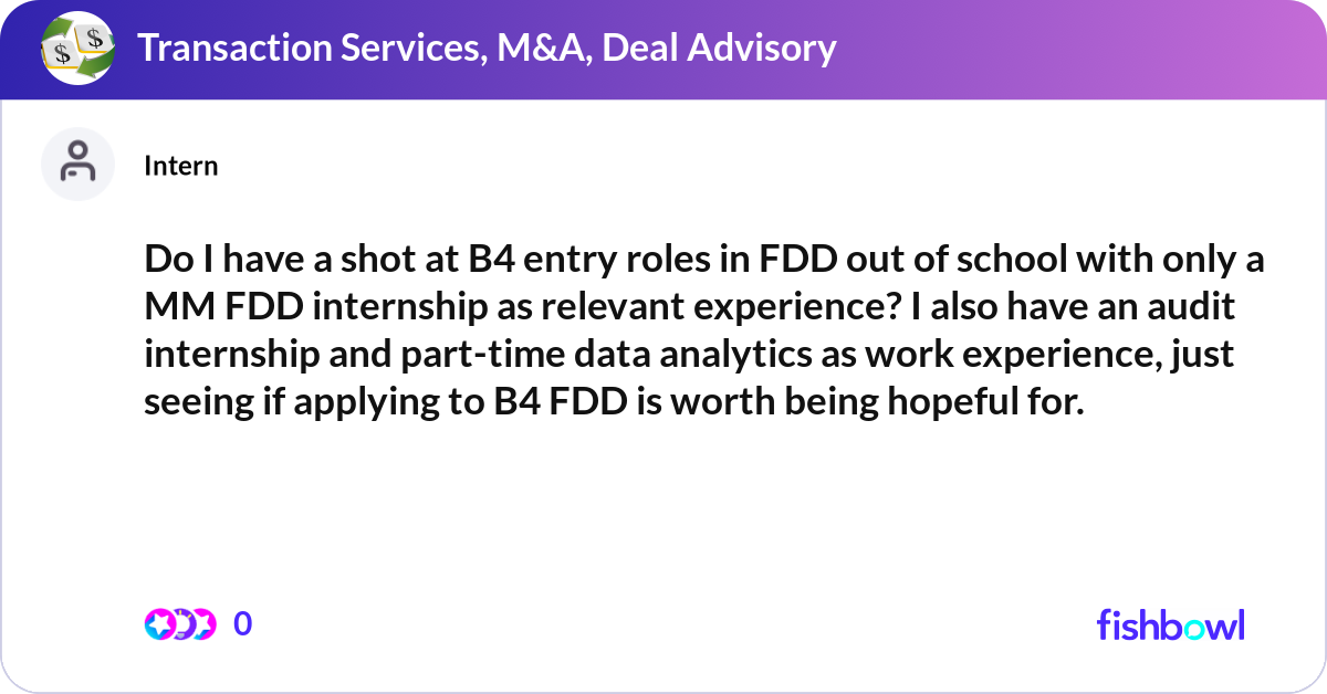 Do I have a shot at B4 entry roles in FDD out of s... | Fishbowl