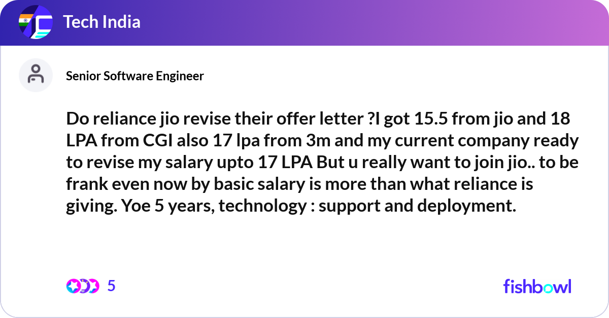 Do reliance jio revise their offer letter ?I got 1... | Fishbowl