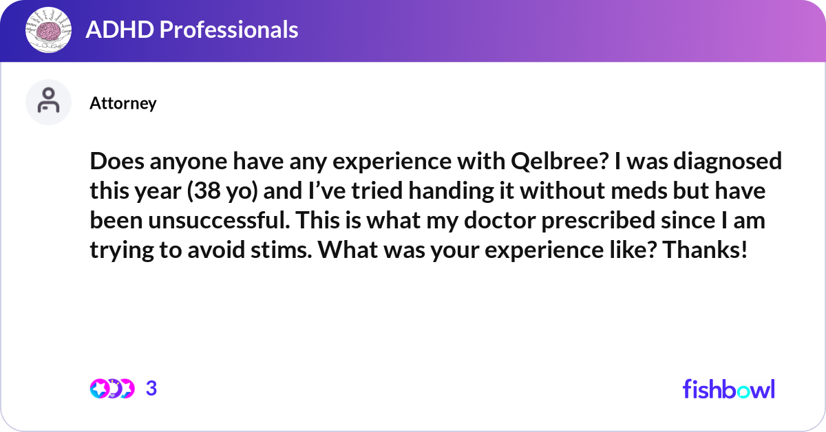 Does anyone have any experience with Qelbree? I wa... | Fishbowl