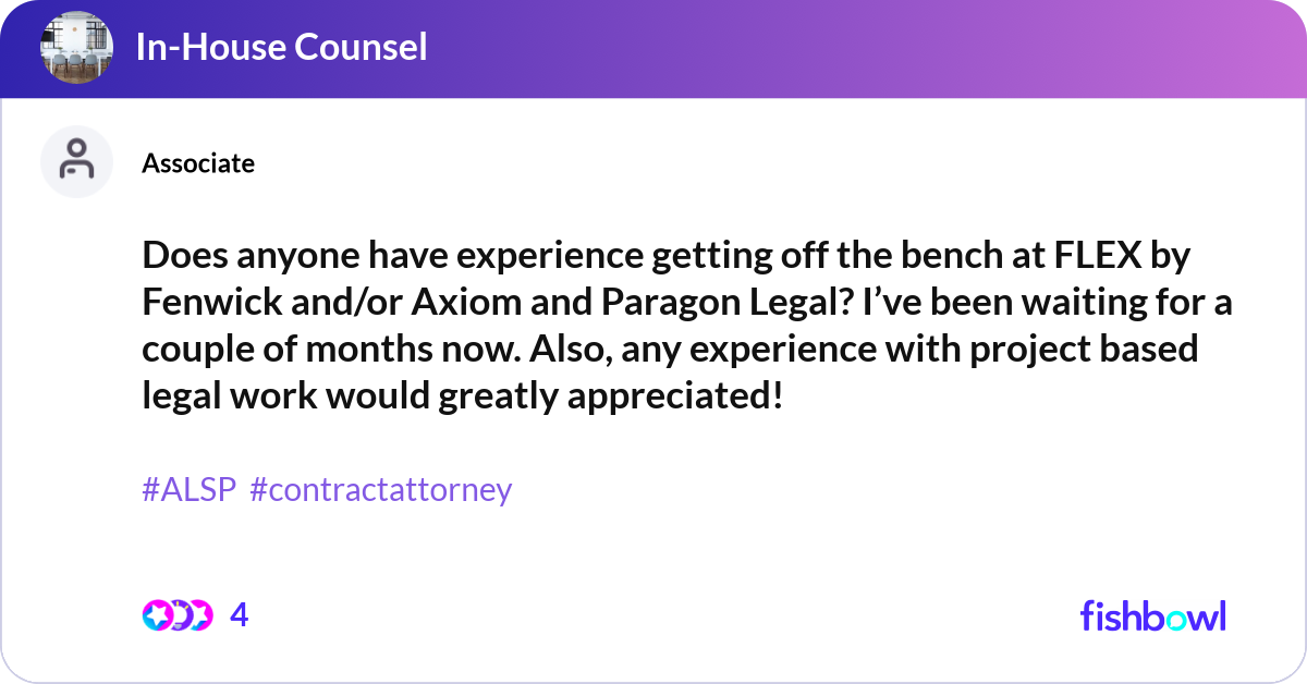 Does anyone have experience getting off the bench ... | Fishbowl