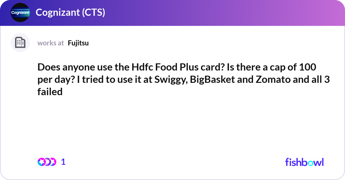 Does anyone use the Hdfc Food Plus card? Is there ... | Fishbowl