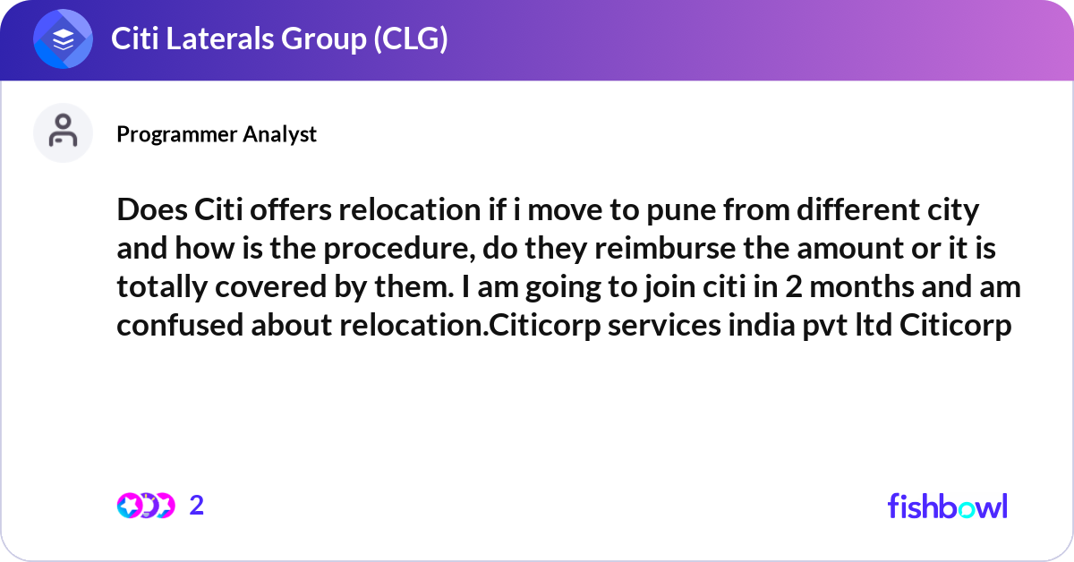Does Citi offers relocation if i move to pune from... | Fishbowl