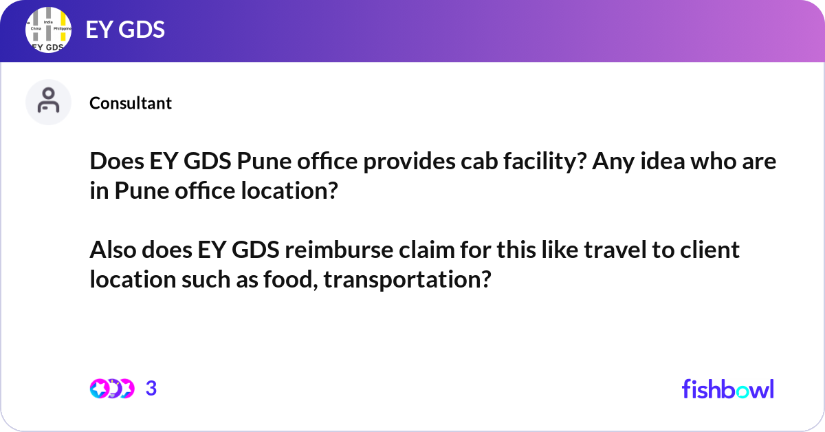 Does EY GDS Pune office provides cab facility? Any... | Fishbowl