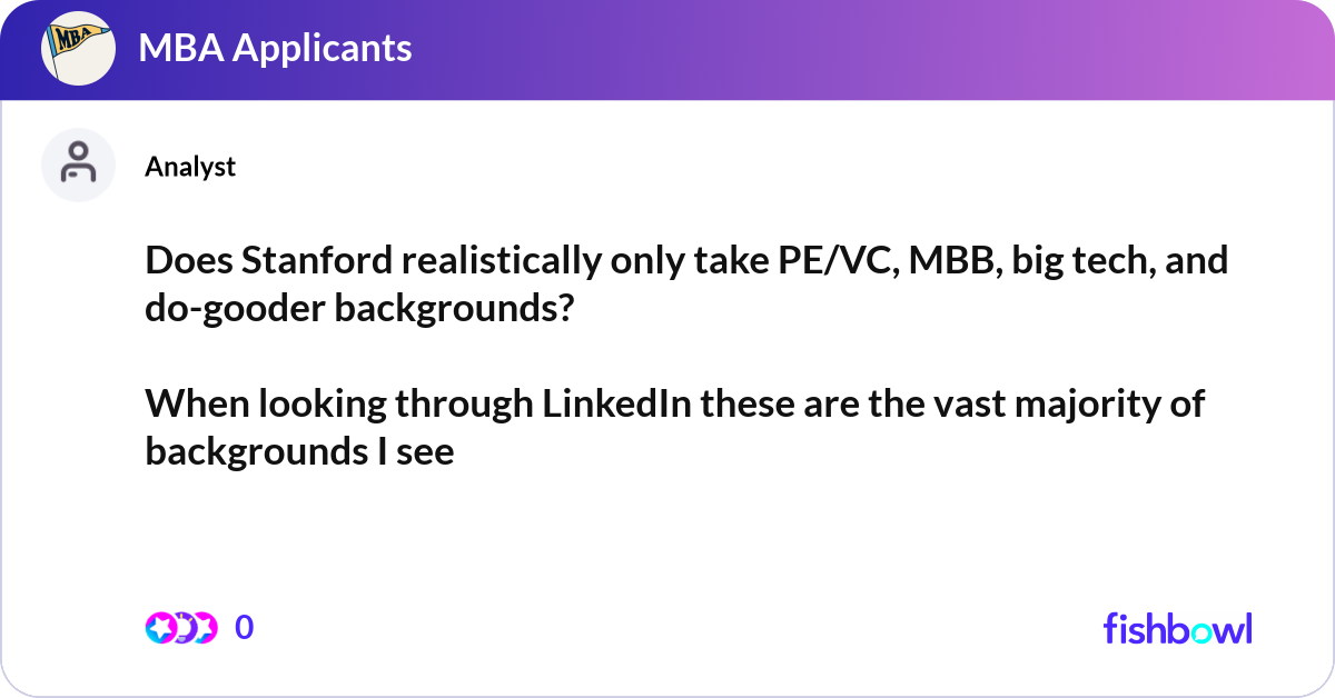 Does Stanford realistically only take PE/VC, MBB, ... | Fishbowl